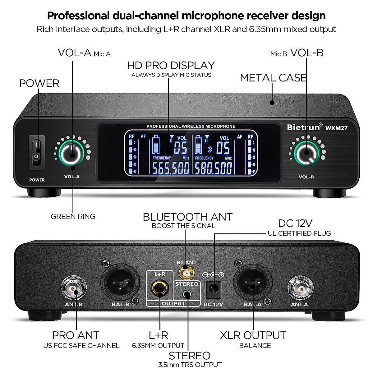 Bietrun Wireless Microphone, Rechargeable Metal Dual UHF Cordless Dynamic Handheld Microphone System for Home Karaoke, Meeting, Party, Church, DJ, Wedding(UHF 240ft Range)(Receiver with Bluetooth)