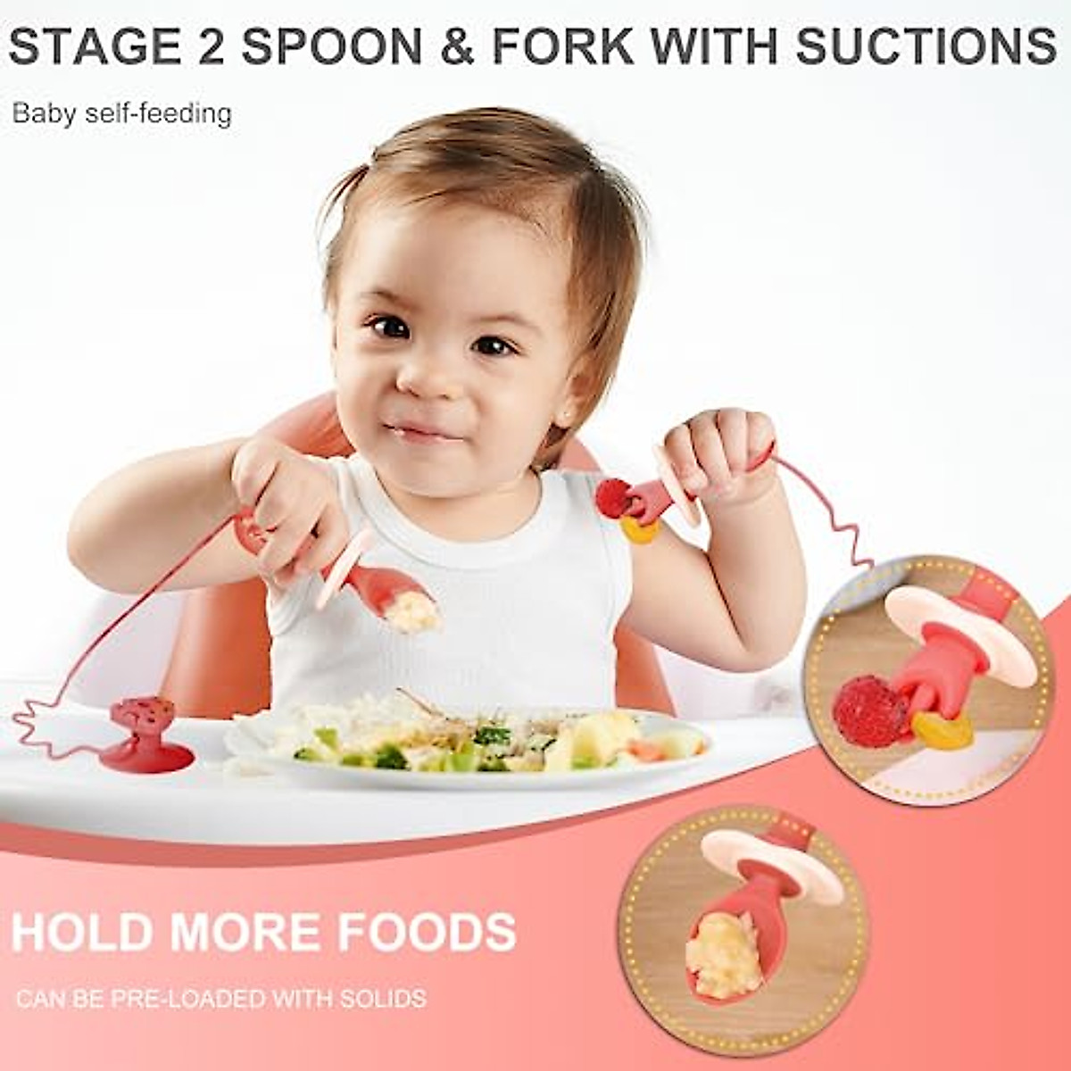 3 Pack Baby Fork and Spoon Set Suction Baby Self Feeding Utensils 6-12 Months Anti-Dropping Training Spoons For Baby Led Weaning, Silicone Toddler Utensils Feeding Supplies First + Second Stage, Red