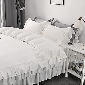 Soukach/SOUKECHY White Shabby Chic 3 Pieces Bedding,Vintage Ruffled Queen Duvet Cover Set with 2 Layers Ruffles,Soft Brushed Microfiber Set with Zipper Closure(Queen, White)