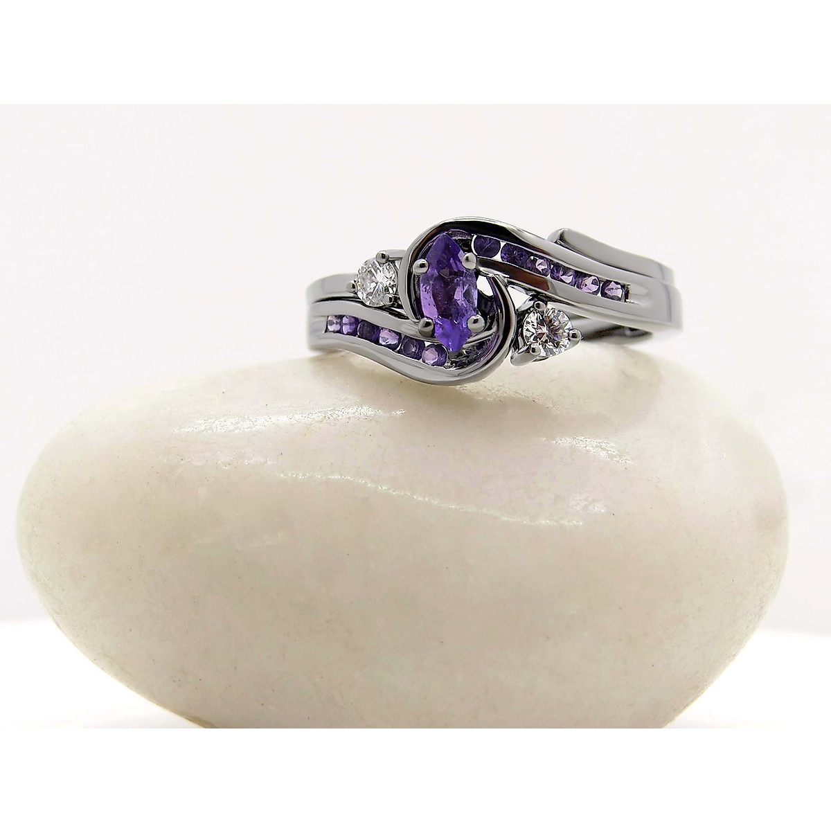 Dazzlingrock Collection Black Rhodium Plated 6X3 MM Marquise Amethyst, Round Amethyst and Diamond Set, 14K White Gold, Size 10