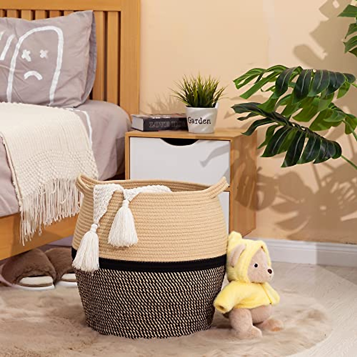 KAKAMAY Woven Baskets for Storage(17"x17"),Large Cotton Rope Basket Baby Laundry Hamper,Collapsible Basket, Blanket Organizing Living Room,Nursery,Clothes,Toy chest (Black)