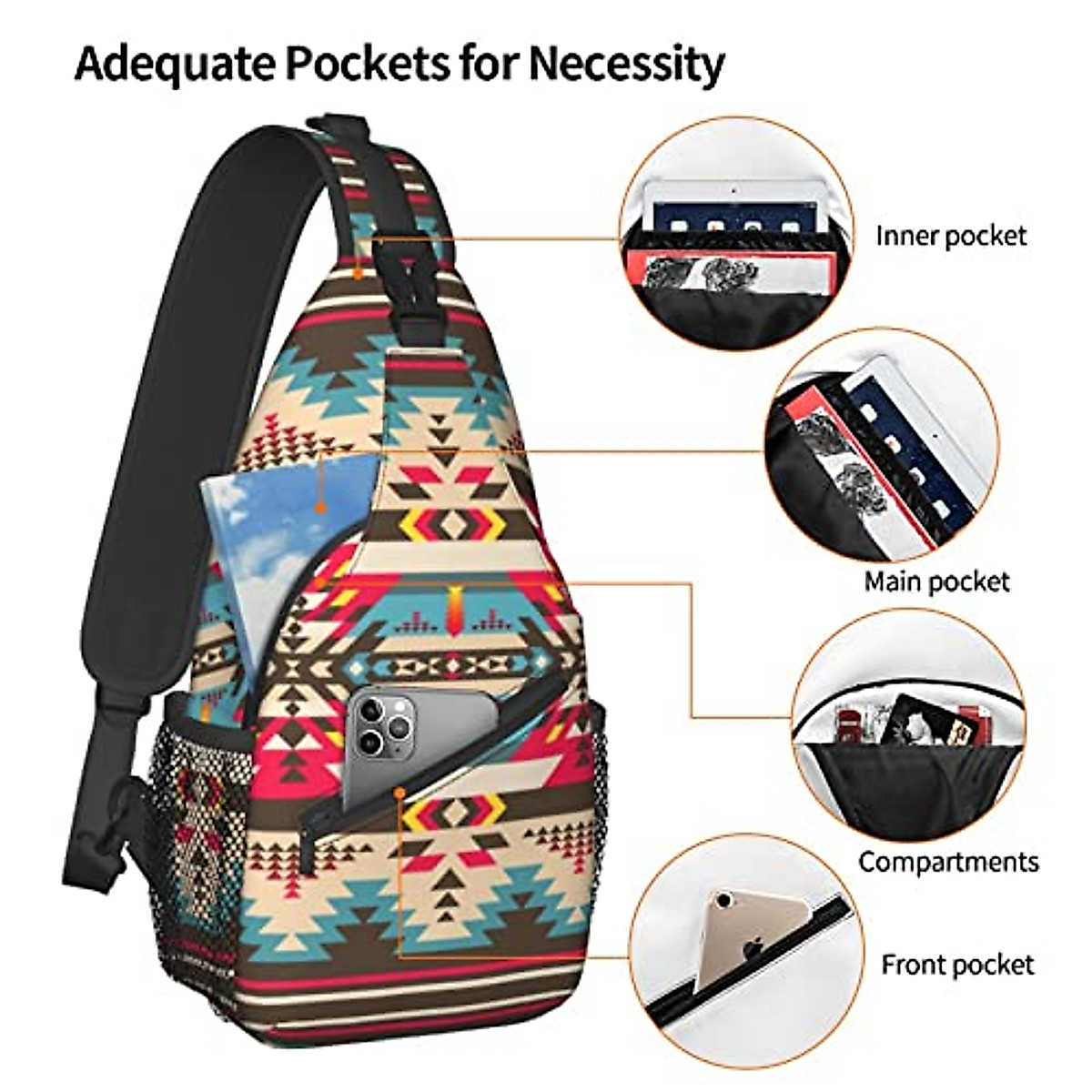 AJUNJUNPAI Native American Style Fabric Patch Shoulder Bags Mini Rope Sling Bag Crossbody Waterproof Fashion Chest Daypack For Women Men Hiking Travel Runner Biking Climbing