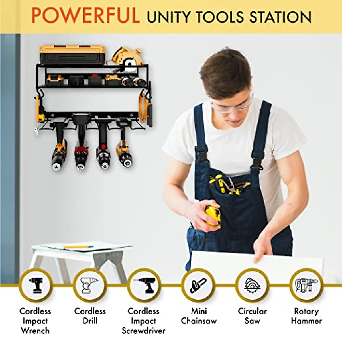 PITCH + PULSE Power Tool Organizer, Garage Tool Storage Organization, Drill Holder Racks Wall Mount Floating Shelf Set for Workshop Shed Pegboard Fitted