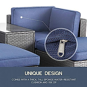 SOLAURA 5-Piece Outdoor Patio Furniture Set, PE Rattan Wicker Chair Sectional Sofa Set with YKK Zipper and Glass Coffee Table - Navy Blue