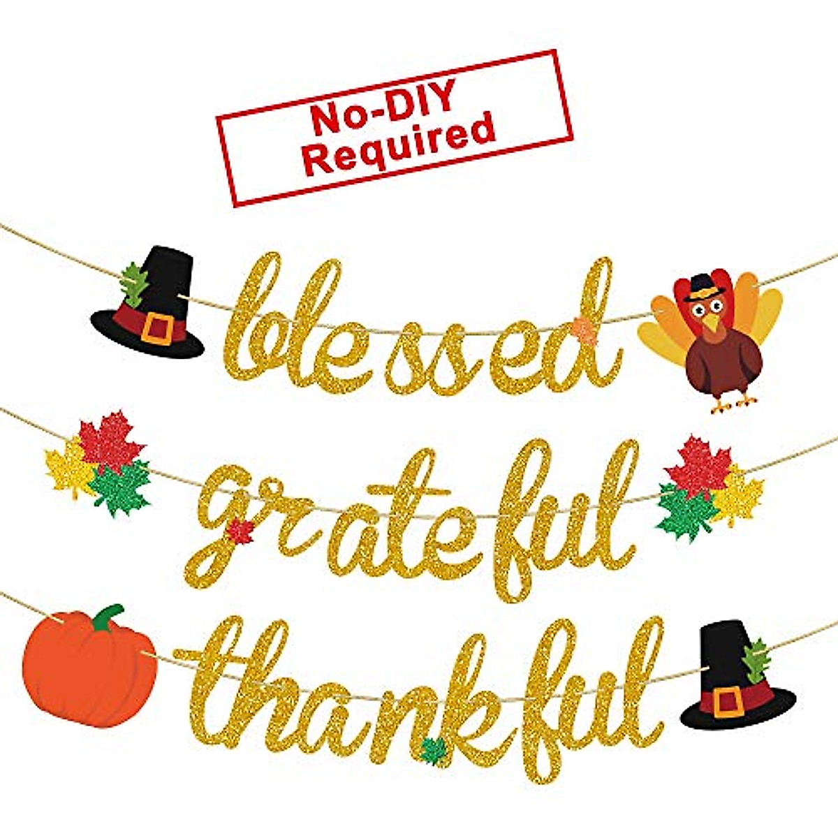 Blessed Thankful Grateful Banner for Thanksgiving Decor, Thanksgiving Banner, Maple Leaves Pumpkin Turkey Bunting Garland for Mantel Fireplace , Thanksgiving Party Home Office Classroom Hanging Decor