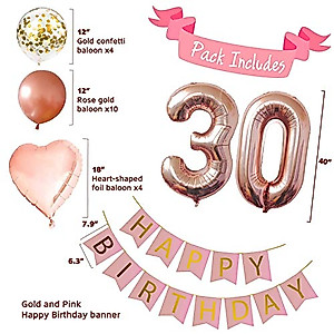 30th Birthday Decorations For Her - Birthday Decorations: 40 Inch 30th Gold Balloons, Pink and Gold Happy Birthday Decorations for Women, Happy Birthday Banner, Confetti Balloons, Rose Gold Heart Balloons (22 Pieces)