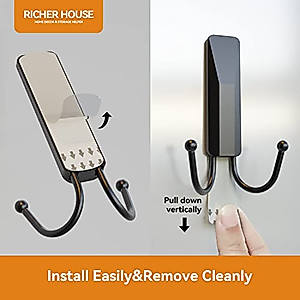 RICHER HOUSE Black Double Wall Hooks for Hanging, 2 Pack Removable Adhesive Coat Hooks with 3 Strips, Organize Damage-Free Sticky Hooks, Utility Hooks Hanging Heavy Duty for Coat, Towel, Hat, Key