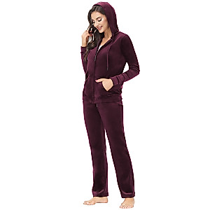 ANOTHER CHOICE Velour Tracksuit Women 2 Piece Zip-Up Velvet Sweatsuits Hooded Soft Jogging Set(Wine,Small)