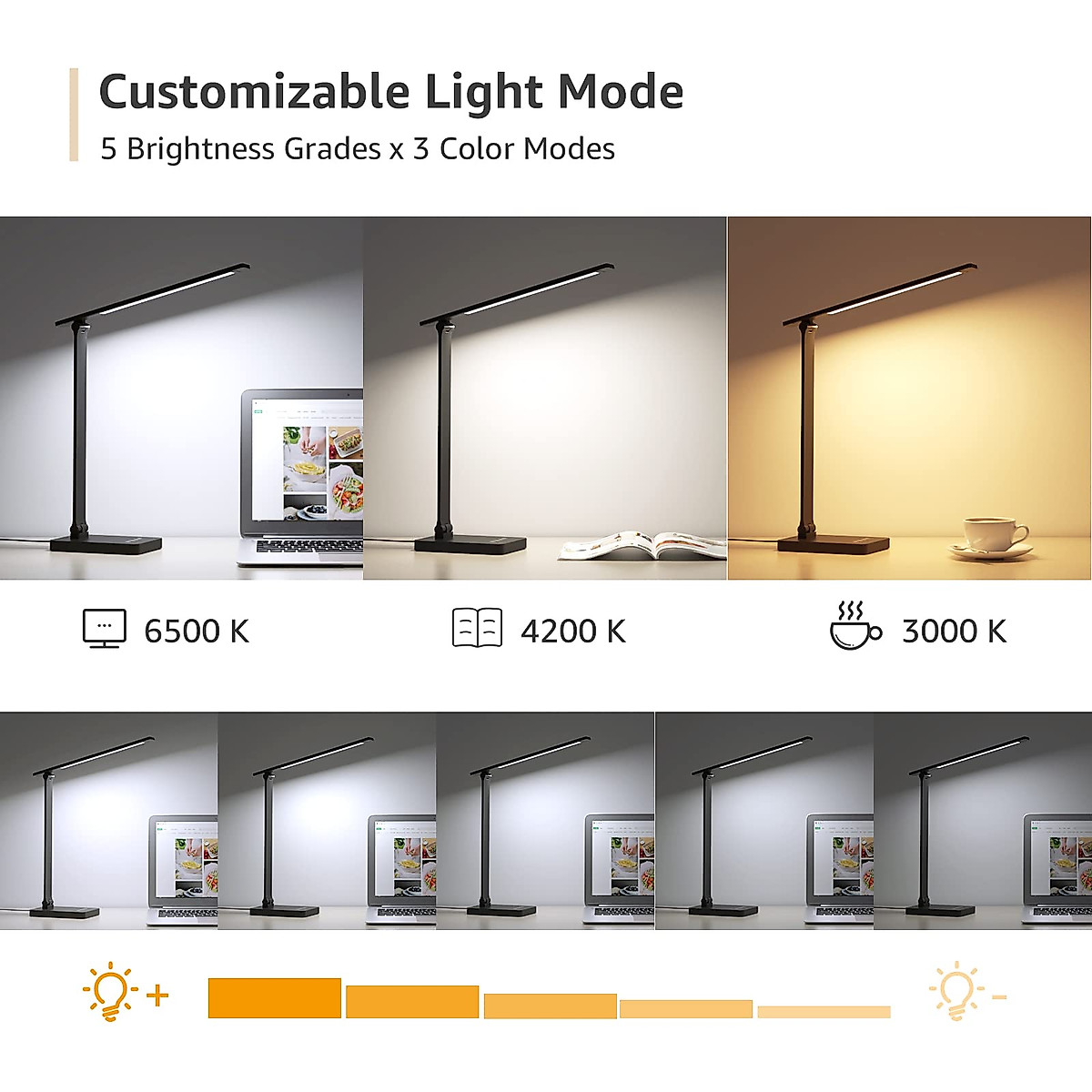 Lepro LED Desk Lamp with USB Charging Port Dimmable Home Office Touch Control Reading Table Lamp,3 Color Modes with 5 Brightness Level,College Dorm Room Essentials, Eye Caring, Sewing, Crafting, Black