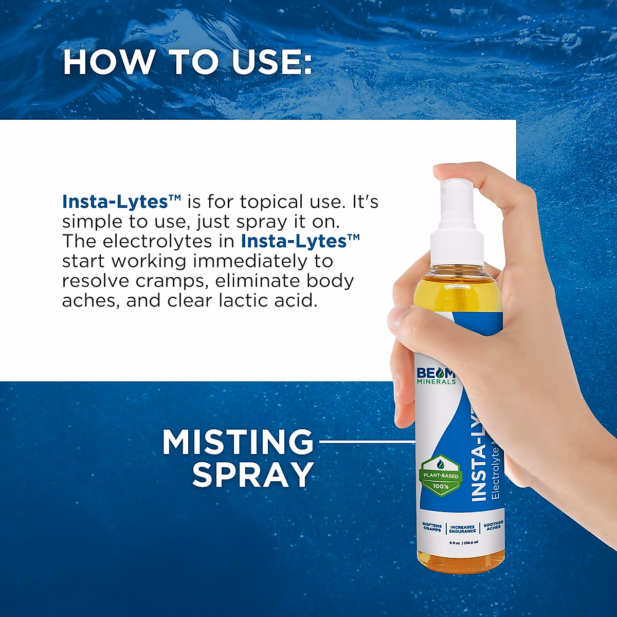 BEAM MINERALS Insta-Lytes Cramp-Relief Electrolyte Misting Spray | Natural Liquid Electrolytes | Micronutrients Supplement for Cramping, Muscle Aches, and Rash Relief