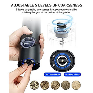 COKUNST Electric Pepper and Salt Grinder Set, Battery Powered Adjustable 5 Levels of Coarseness Black Pepper Grinder Mill with Stand, Automatic Grinding with LED Light for BBQ Resturant Kitchen