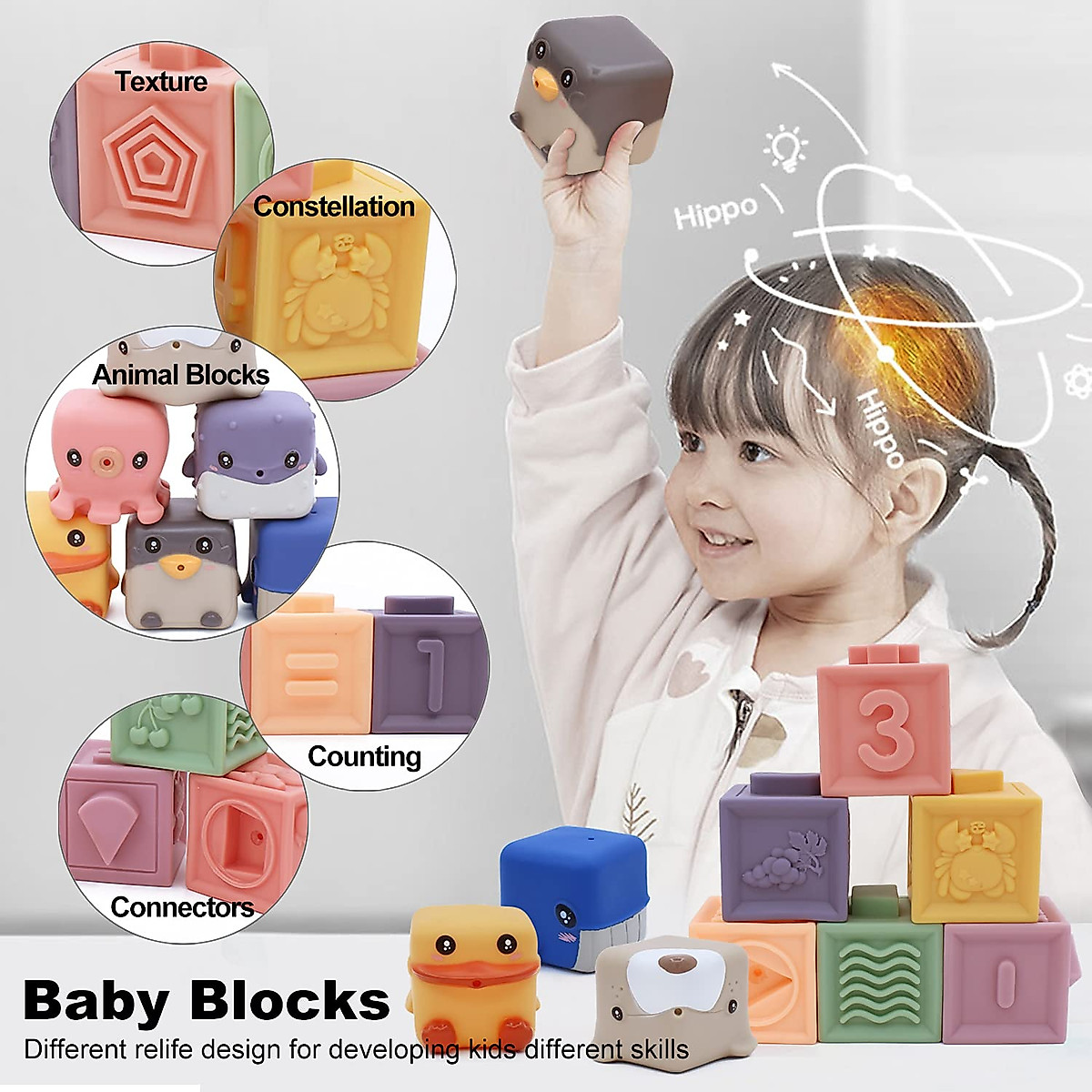 MARUMINE 12PCS Baby Soft Stacking Blocks Squeeze Teething Toys, Educational Montessori Sensory Toy for 6-12 Months Babies