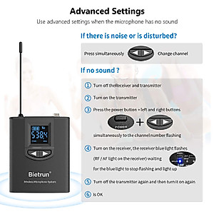 Bietrun UHF Wireless Lavalier Lapel Microphone System/Headset Mic/Stand Mic, 165ft Range, Rechargeable Transmitter Receiver, 1/4" Output, for iPhone,Android,PA Speaker,DSLR Camera,YouTube, Recording