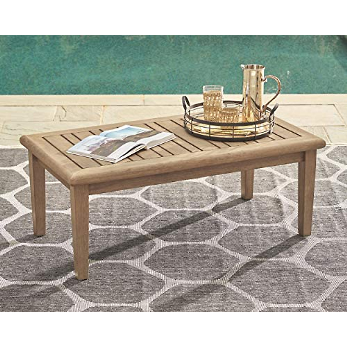 Signature Design by Ashley Gerianne Outdoor Rectangular Eucalyptus Wood Slat Top Coffee Table, Beige
