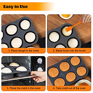 AKS Co Hamburger Bun Pan, Non-Stick Silicone - Oven-Safe, Vented 6-Cavity Baking Mold, Dishwasher Safe with Basting Brush