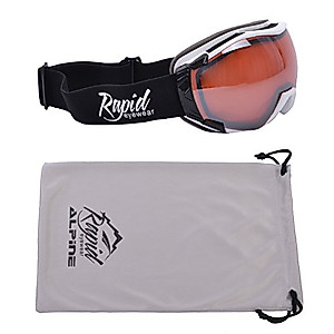 Rapid Eyewear Tahko SKI and SNOWBOARD GOGGLES TO WEAR OVER GLASSES for Men and Women. Mirrored UV Double Lens Anti Fog System. OTG Fit Over Your Spectacles. Black - White & Orange Mirror Lenses