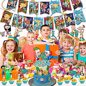 Birthday Party Decoration for Phineas Ferb, Include Cartoon Theme Birthday Banner, Cake Topper, Latex Balloons, Hanging Swirls, for Kids Birthday Party Supplies
