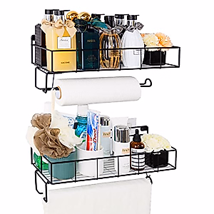 2 Pack -SUFAUY Paper Towel Holder Spice Rack and Multi-Purpose Shelf with Towel Rack, Wall Mount Storage Organizer, Steel, Black