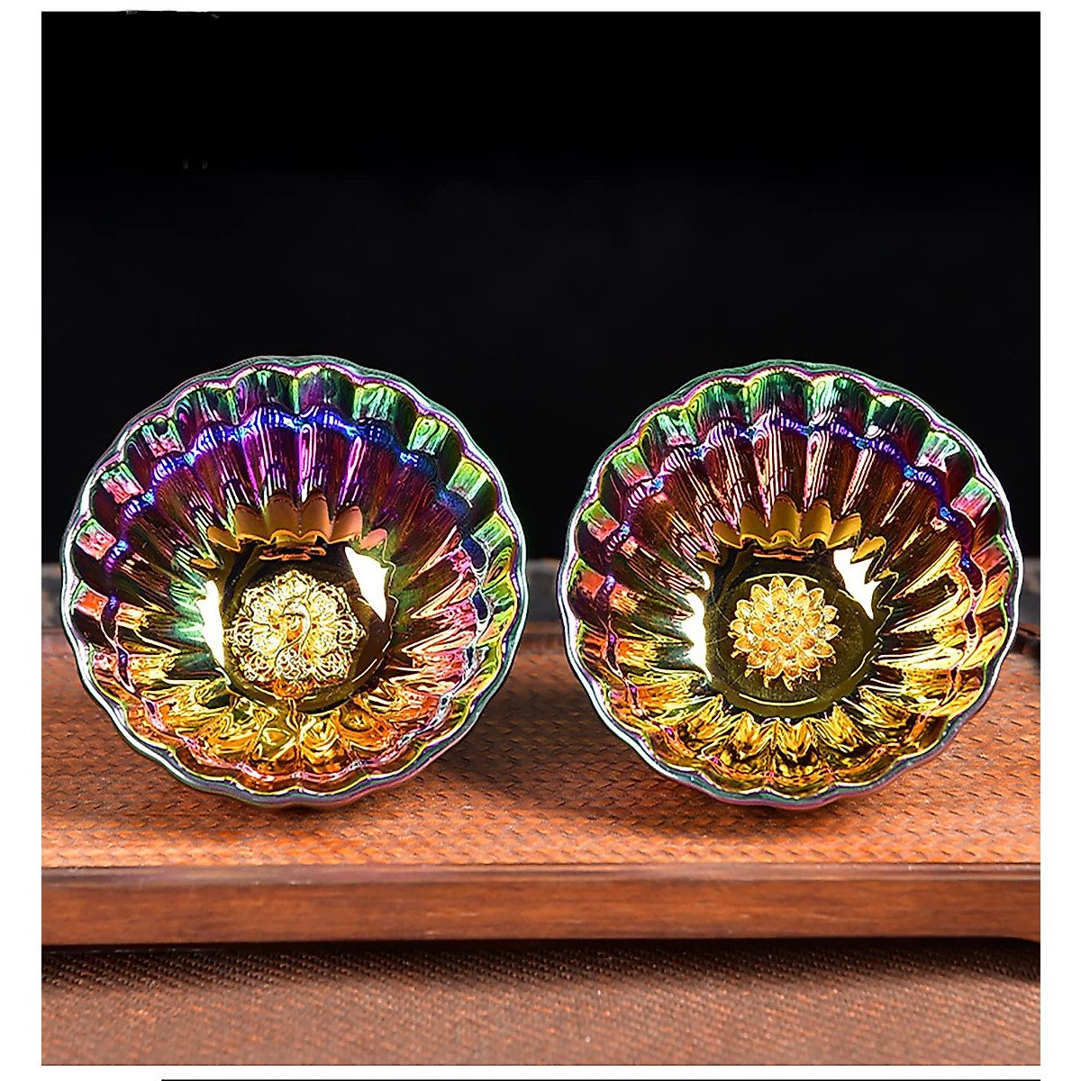 LingXuanGe Gold Lotus peacock tea cups set of 2, Beautiful Colorful Glaze Ceramic Tenmoku Tea Cup Chinese Kungfu Tea Cup (Color : Peacock)