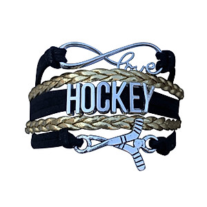 Sportybella Hockey Stick Charm Bracelet (Black/Gold) - Adjustable Bracelet for Women, Teens and Girls