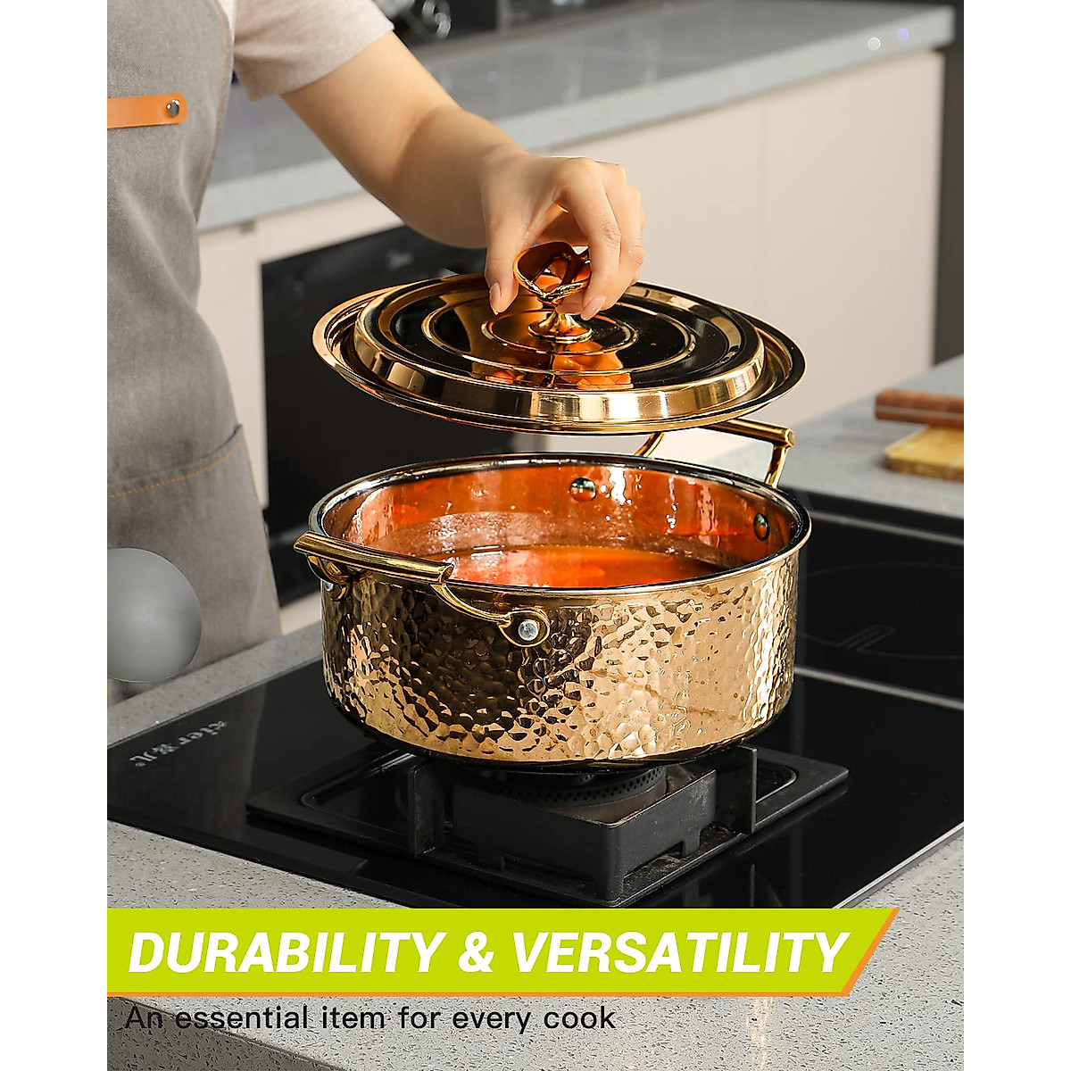 DAEDALUS 7.5QT Stainless Steel Stock Pot with Lid, 3 Triply Clad Hammered Copper Pot, Nonstick Large Stockpot for Home Kitchen Restaurant, Dishwasher Oven Safe -Gold