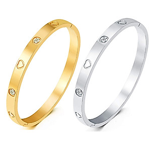 MVCOLEDY Valentines Day Gifts Jewelry Gold/White Gold Plated Bangle Bracelet Heart Stone Stainless Steel with Crystal Bangle Bracelets for Women Jewelry Size 6.7 Inches (Gold and Silvery)