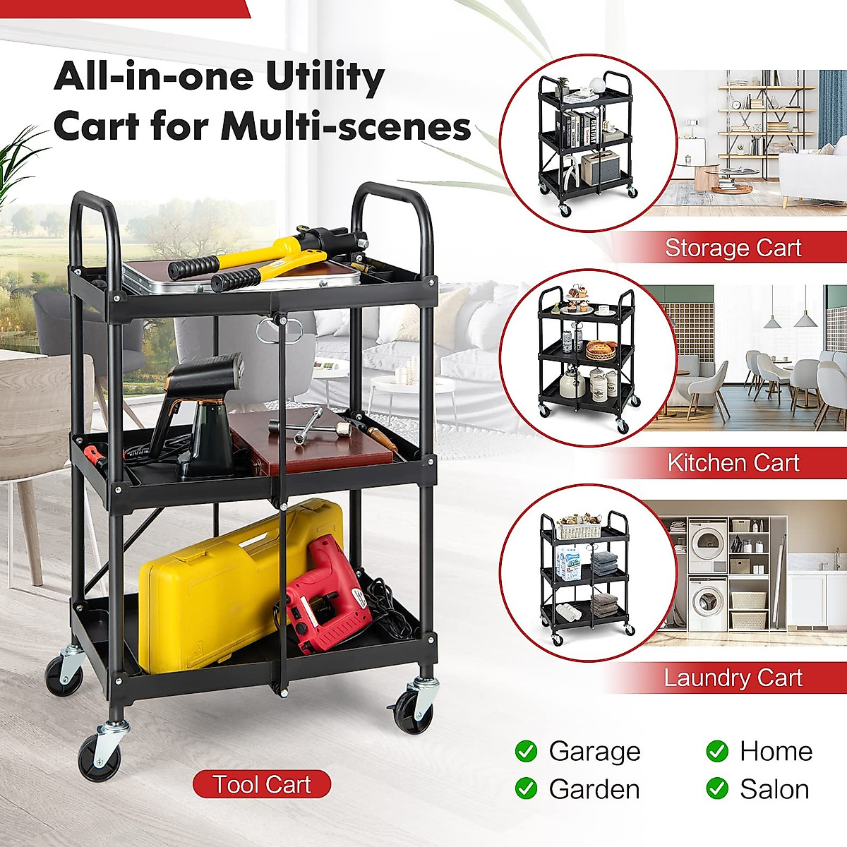 IRONMAX Folding Tool Cart on Wheels, Heavy Duty 3 Tier Foldable Utility Cart w/ 4 Universal Wheel & Compartments, Lightweight Collapsible Service Cart for Garage, Home, Office