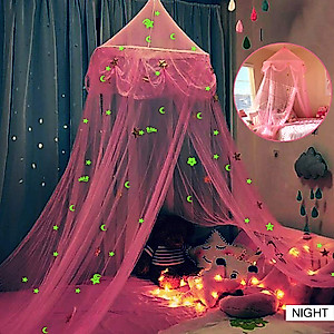 LokSuntec Bed Canopies for Girls Glow in The Dark Stars and Moon Princess Mosquito Net Crib Hanging Tent Bedroom Decoration for Kids Teen Girls Pink