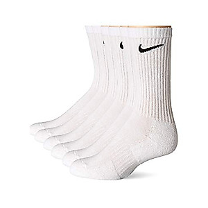NIKE Dri-Fit Training Cotton Cushioned Crew Socks 6 PAIR White with Black Signature Swoosh Logo) LARGE 8-12