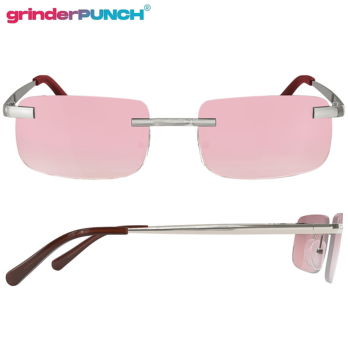 grinderPUNCH Small Slim 90's Popular Nineties Rectangular Sunglasses Clear Rimless Eyewear (Silver Frame - Pink)
