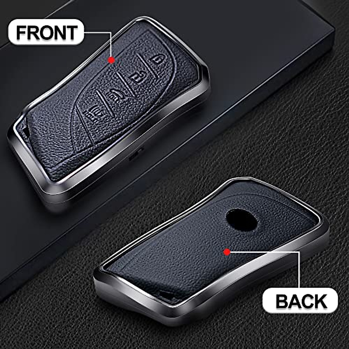 SK CUSTOM Black Leather and Aluminum Frame Smart Key Case Cover Compatible Lexus ES350 ES300h UX200 LS500 LS500H LC500 LC500h 4 Button Keyless Car Remote Accessory