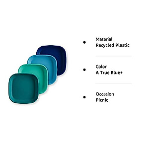 Re-Play Made in USA 7" Toddler Plates, Set of 4 Without Lid - 22 Oz. Deep-Walled and Stackable Plastic Plates, Dishwasher and Microwave Safe - 7.37" x 7.37" x 1.25" Kids Plates, True Blue