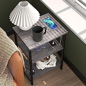 Yusong Small Side Table with Charging Station, Slim End Table for Narrow Space in Living Room,3 Tier Skinny Nightstand Bedside Table with USB Ports & Outlets for Bedroom, Grey
