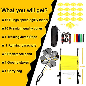 Speed Training Equipment for Soccer Agility Ladder with16 Rung, Resistance Parachute, Jump Rope, 5 Sports Bands,16 Cones Workout Ladder for Ground Increase Football Fitness Feet Speed & Footwork-26Ft