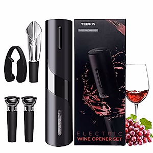 TEBIKIN Electric Wine Bottle opener，Battery Operated Automatic Wine Bottle Corkscrew Opener with Foil Cutter,2 Wine Vacuum Stopper，Wine Pourer for Gift，Home，Party