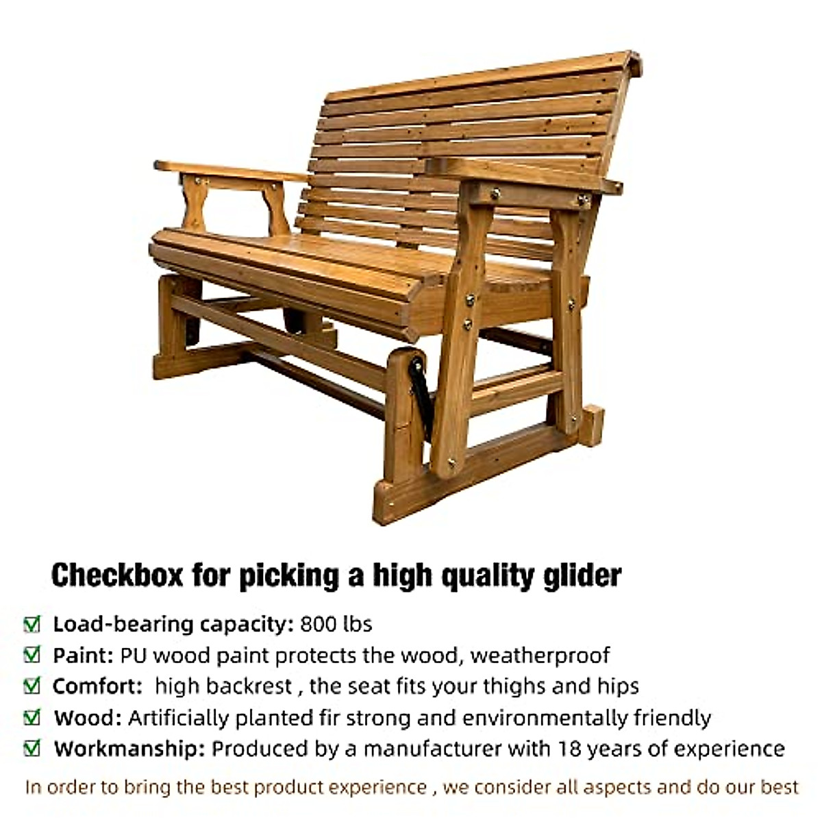 Wooden Patio Glider with High Roll Back and Deep Contoured Seat, Solid Fir Wood, 2-Seater, Heavy Duty 800 LBS, 4 Feet