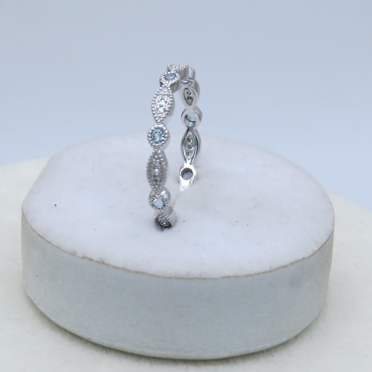 Dazzlingrock Collection Alternating Round Aquamarine & White Diamond 7 Stone Stackable Wedding Band Ring for Women in 14K White Gold, Size 8.5