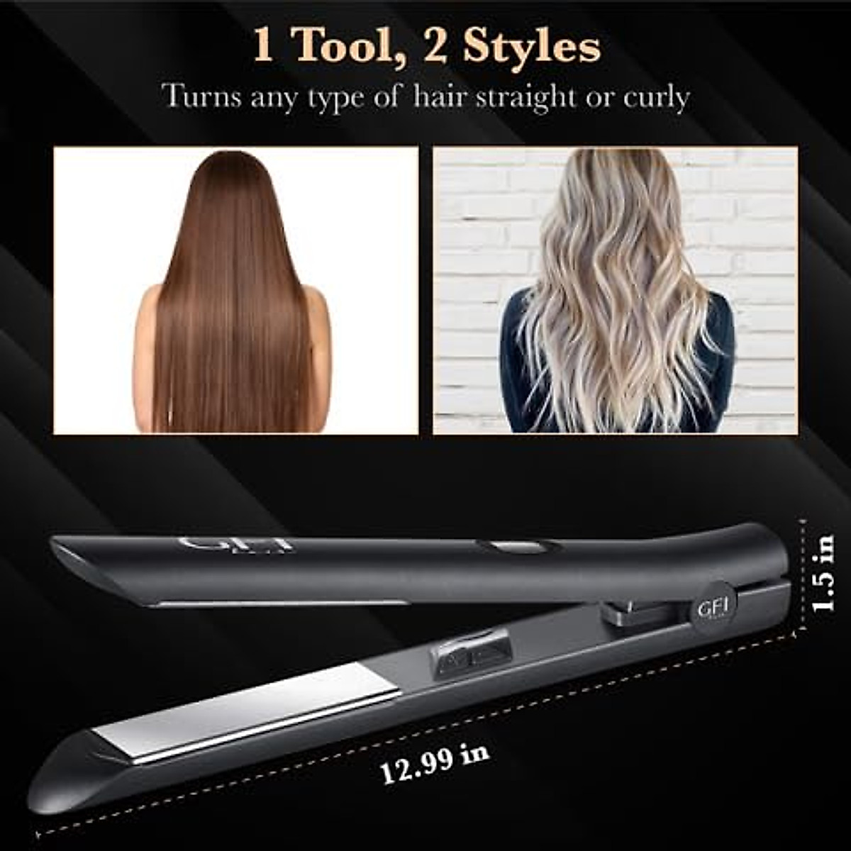 GFI Hair Straightener - Turbo Heating Element - Titanium Flat Iron - Straightens & Curls Any Hair Type - Temperature Control - Pouch & Glove Included