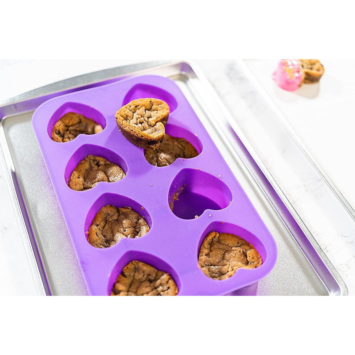 Bakerpan Silicone Heart Mold for Baking, Mini Cake Heart Pan, Valentine's Day Silicone Mold, Heart Muffin Baking Tray, 2 1/4 Inch Hearts, Heart Silicone Mold - 8 Cavities