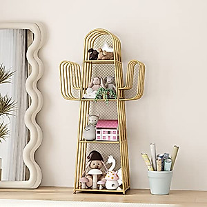 DOORXIF 4-Tier Gold Bookshelf Freestanding, Cactus Bookcase 4 Cube Storage Organizer Closet Metal Display Cabinet, Corner Bookshelf for Small Spaces, Gold Bookcase for Bedroom Office