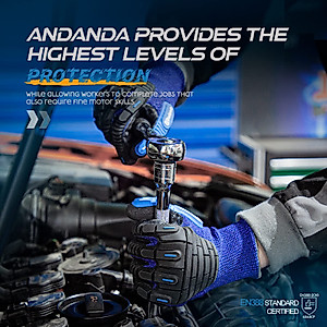 ANDANDA Level 5 Cut Resistant Work Gloves, Impact Resistant Mechanic Gloves with TPR, Nitrile Coated, Power Grip, Industrial Grade Anti Vibration Gloves for Men/Women, Black & Blue/Large/1 pair