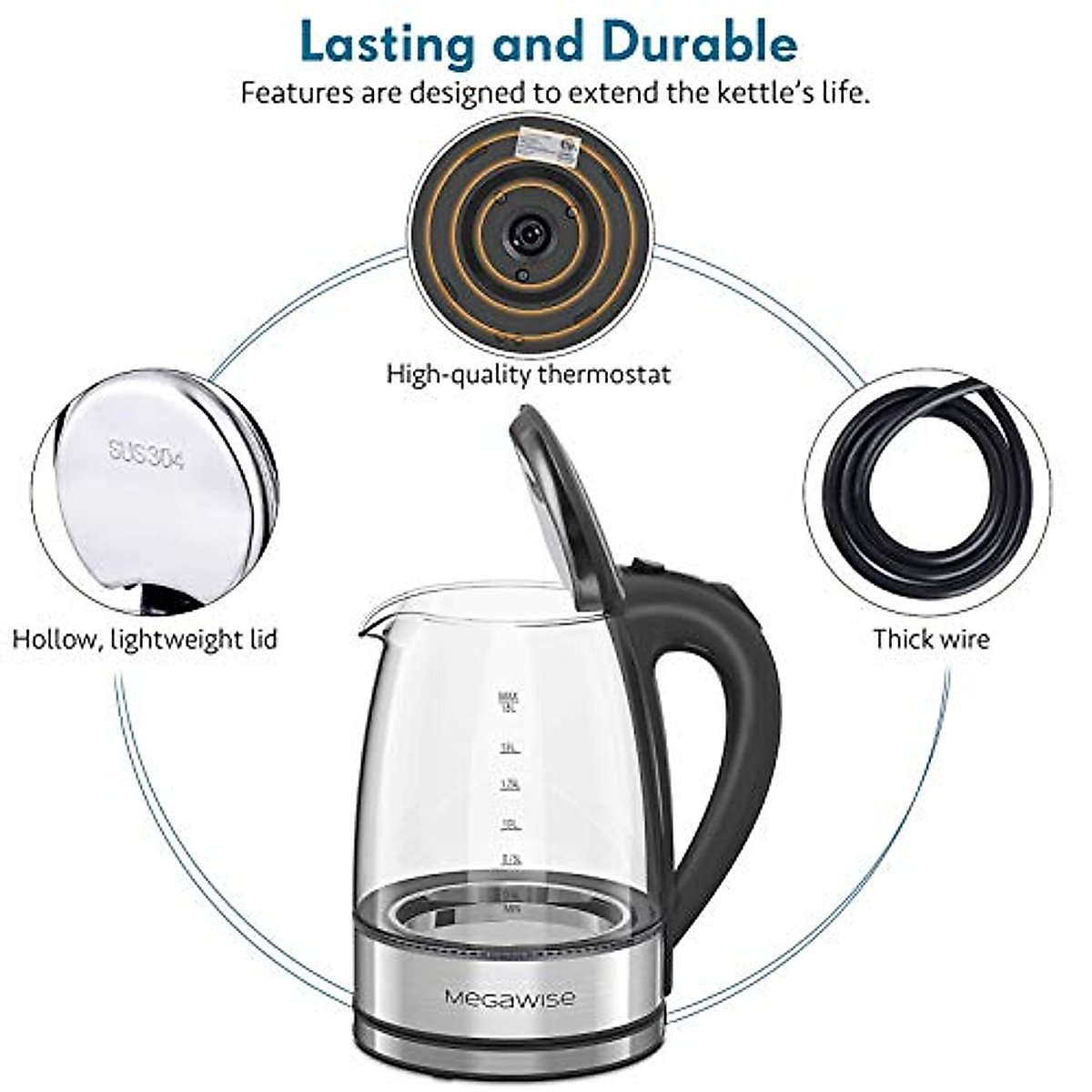 MegaWise 1500W Electric Kettle, 1.8L Borosilicate Glass Tea Kettle with LED Light, Auto Shut-Off and Boil-Dry Protection Cordless Kettle Fast Boiling, BPA Free