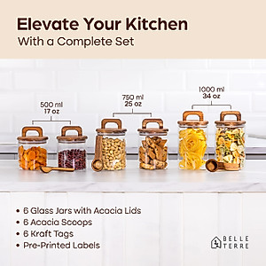 BELLE TERRE Premium Glass Jar Set - 6 Canisters with Airtight Natural Acacia Lids, Custom Labels & Spoons - Food Storage Containers & Pantry Organization - 17oz, 25oz, 34oz - Transparent, Durable