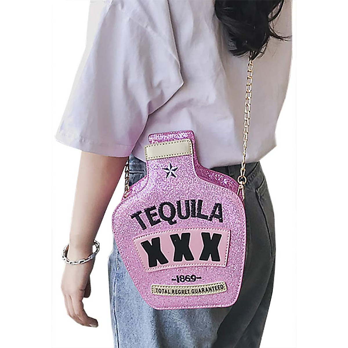 QZUnique Bottle Laser Handbag Tequila PU Sequins Shoulder Bag Embroidery Crossbody Bag Evening Chain Strap Bucket Bag
