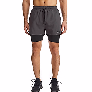 Surenow Mens 2 in 1 Running Shorts Quick Dry Athletic Shorts with Liner, Workout Shorts with Zip Pockets and Towel Loop Dark Grey