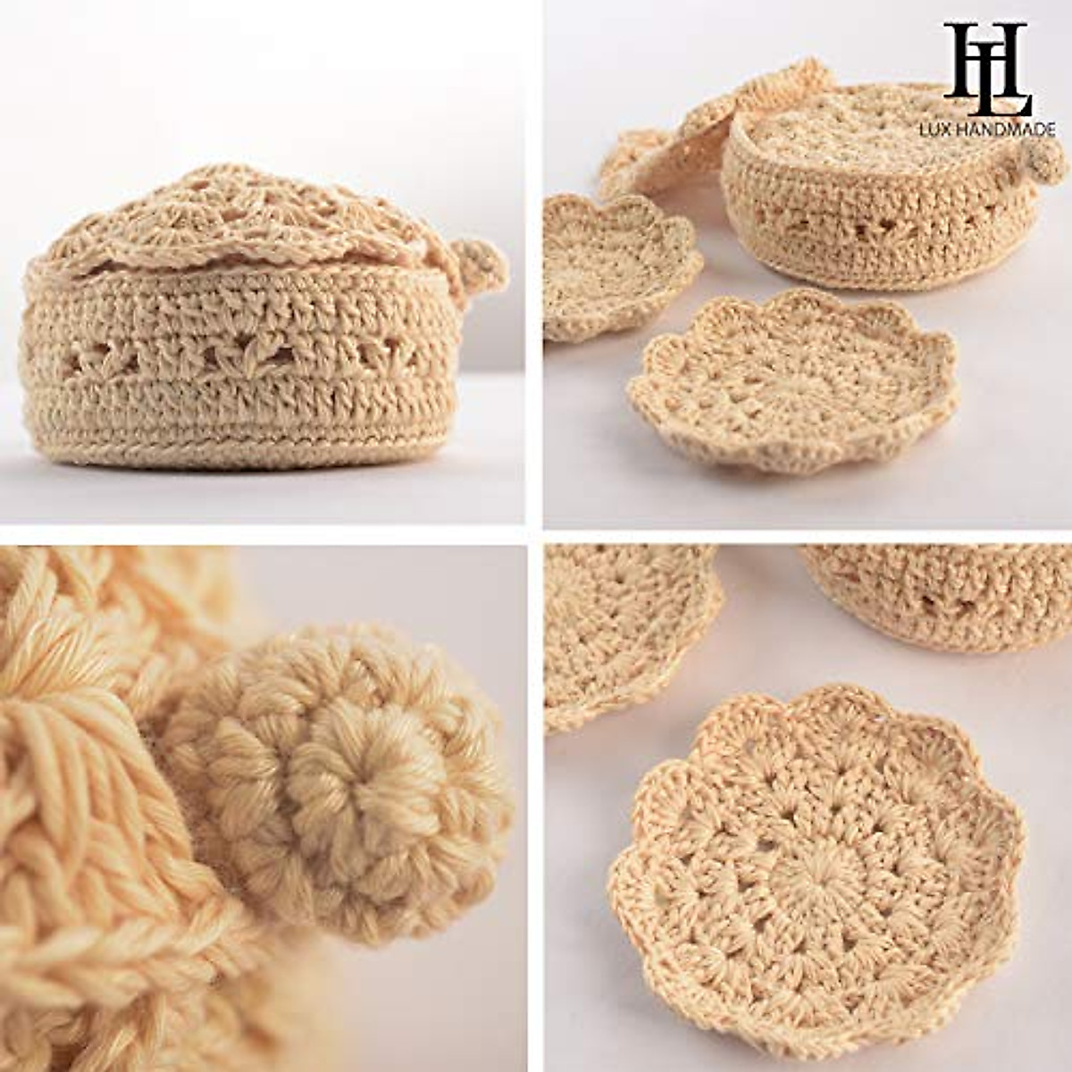 Crochet Doilies 4 Inch Coaster Set, Doily Crochet Coasters Set with Holder, Dollies Crochet Coasters for Wedding Decorations, Outdoor Coasters for Patio Table, Pack of 7, Beige