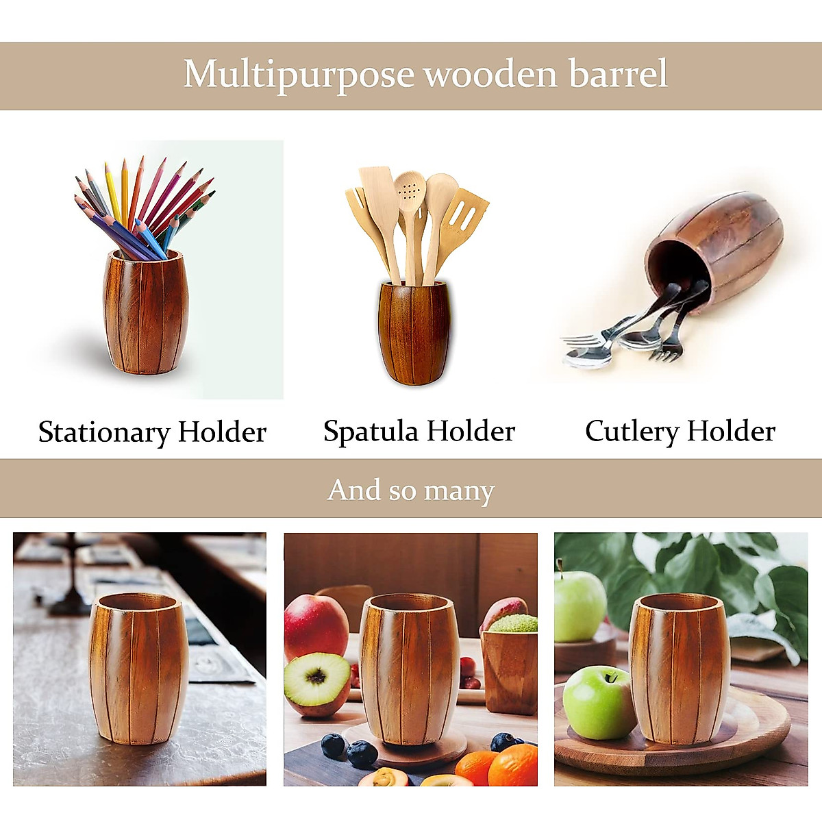 americancomfy Utensil Holder for Kitchen Counter Wooden Large Round Utensils Holder Barrel-Shape Multipurpose Utensil Storage Organizer Countertop Kitchen Utensil for christmas gift