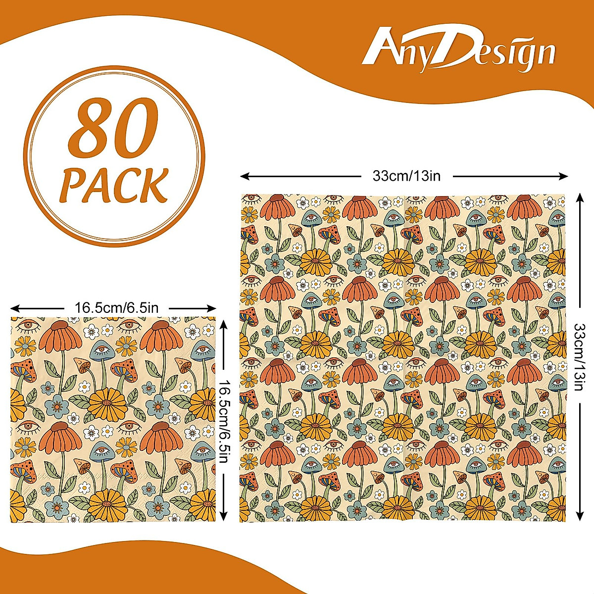 AnyDesign 80Pcs Boho Floral Paper Napkins Disposable Mushroom Flower Eyes Luncheon Napkins Retro Hippie Dessert Dinner Hand Napkin for Birthday Wedding Bridal Shower Tea Party, 6.5 x 6.5 Inch