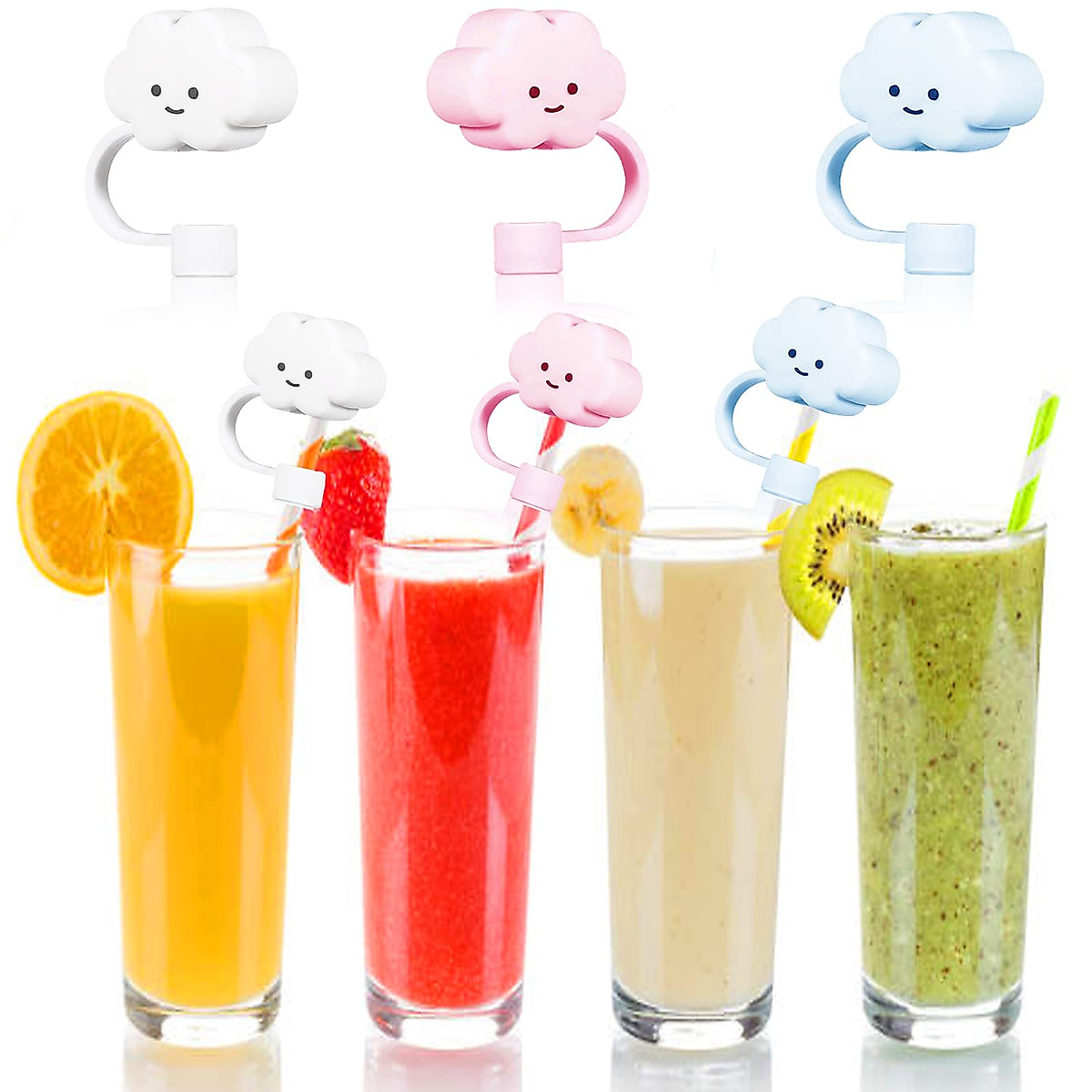 Silicone Straw Tips Cover 6 Pack Reusable Cloud Shape Straw Covers Protector Cute Straw Plugs Drinking Straw Tips Lids Anti-dust Silicone Straw Caps for 6-8 mm Straws (White Cloud style)