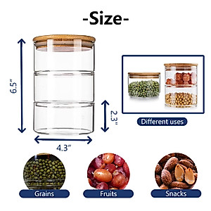 Holloance Airtight Glass Canister(3x15oz) with Bamboo Lid. Clear Food Storage Jar circular. Stackable Kitchen Storage Container for Coffee Beans, Nuts, Candy, Pasta, Sugar, Cookie, Flour, Fruit.
